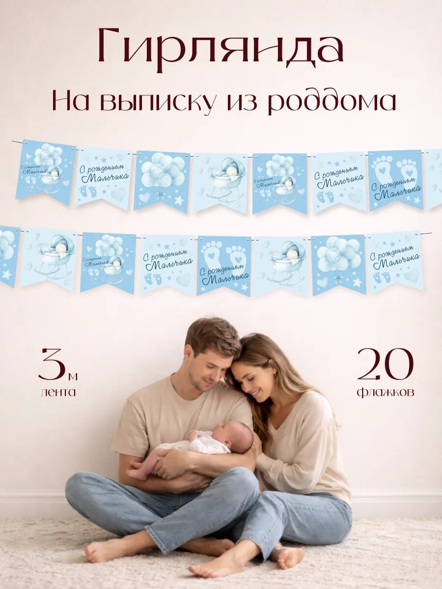 Гирлянда "С рождением Мальчика", бумажная растяжка на выписку