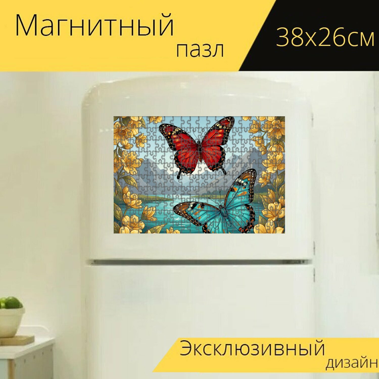 Магнитный пазл "Бабочки среди гор и цветов. Яркая летняя композиция: две крупные экзотические крылатые красавицы над бирюзовой водой, на фоне серых вершин и." для интерьера, 38х26 см.