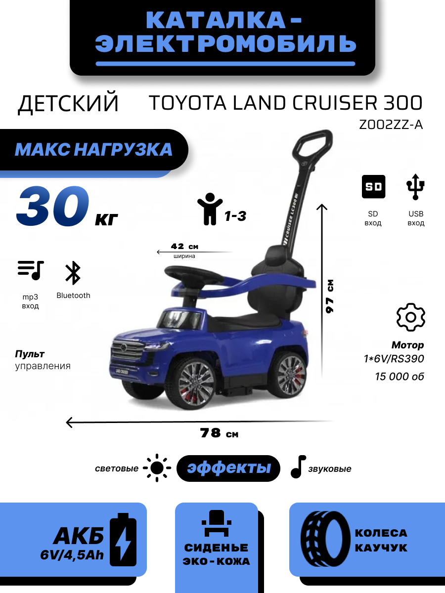 Детский толокар с мотором и пультом д. у. Toyota Land Cruiser 300 Z002ZZ-A синий