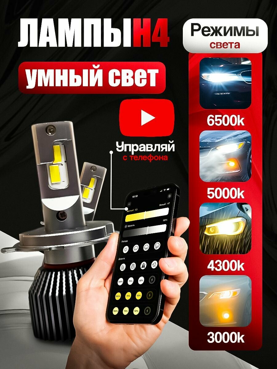 Светодиодные LED лампы H4 со сменой света от 3000К до 6500К, 75W. Управление через приложение.