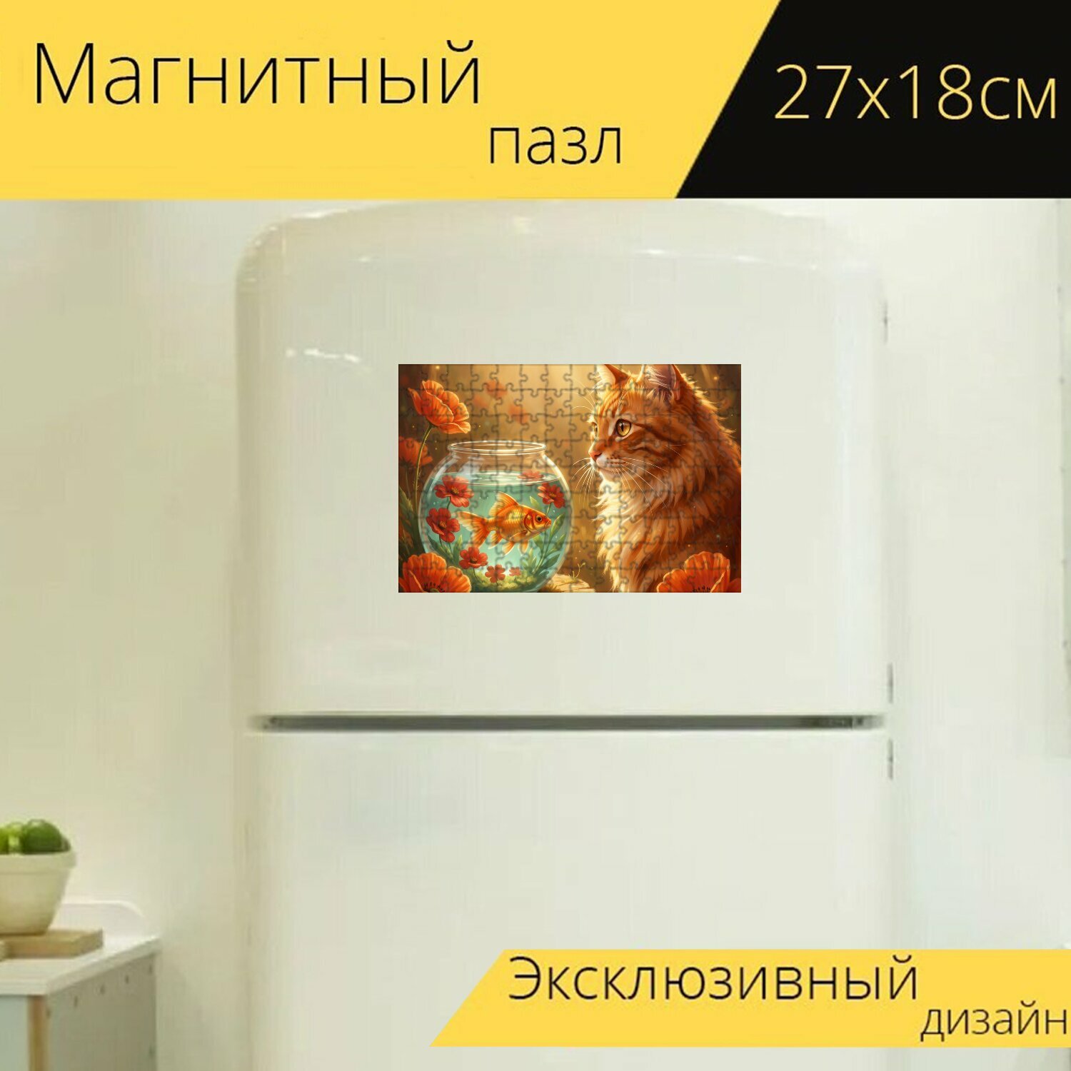 Магнитный пазл "Рыбка в аквариуме и кот. Сказочная иллюстрация с рыжим пушистым питомцем, наблюдающим за золотой рыбкой в стеклянной чаше среди ярких." на холодильник 27 x 18 см.