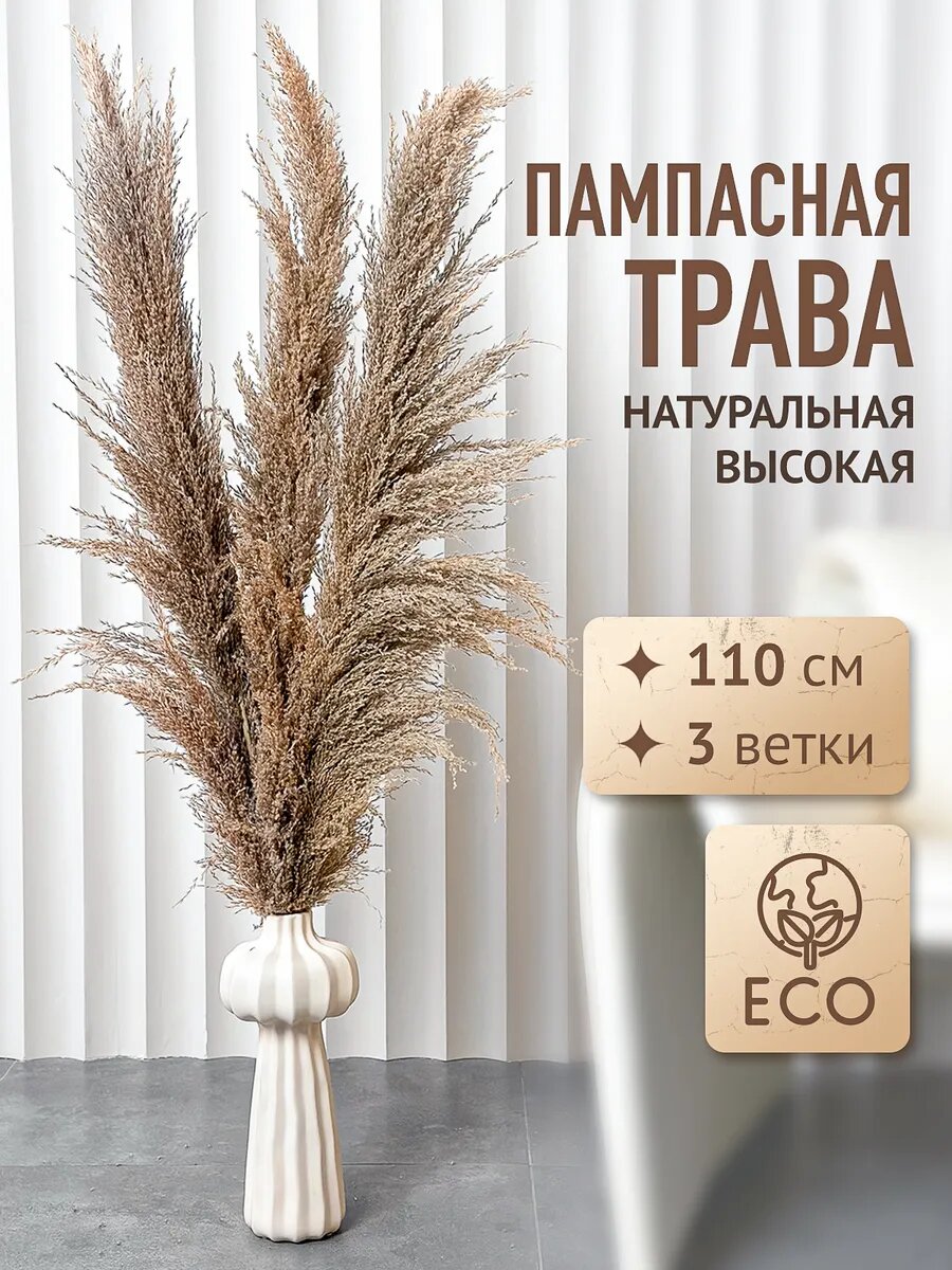Сухоцветы для декора Sunflowers, Пампасная трава натуральная высокая, 3 ветки 110 см