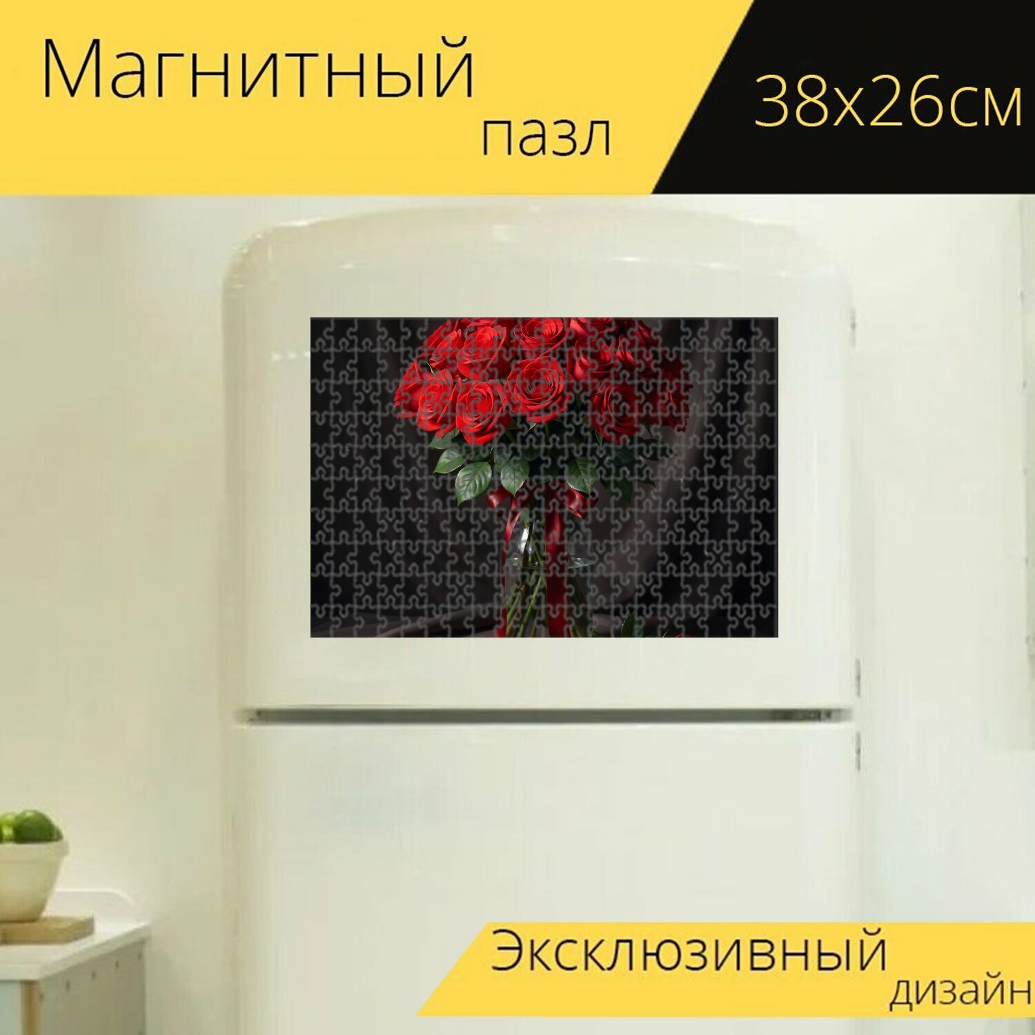 Магнитный пазл "Букет алых роз в вазе. Элегантная композиция из красных бутонов с сочной зеленью в стеклянной емкости, украшенная бордовой лентой. Темный." для интерьера, 38х26 см.