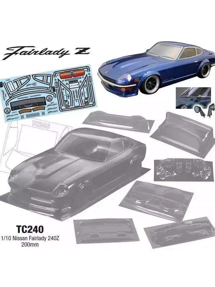 Аутентичный кузов 1/10 Nissan Fairlady 240Z из поликарбоната (ширина 200 мм, колесная база 260 мм) с фарами, зеркалами и спойлером для HSP, MST, Yokomo, HPI.