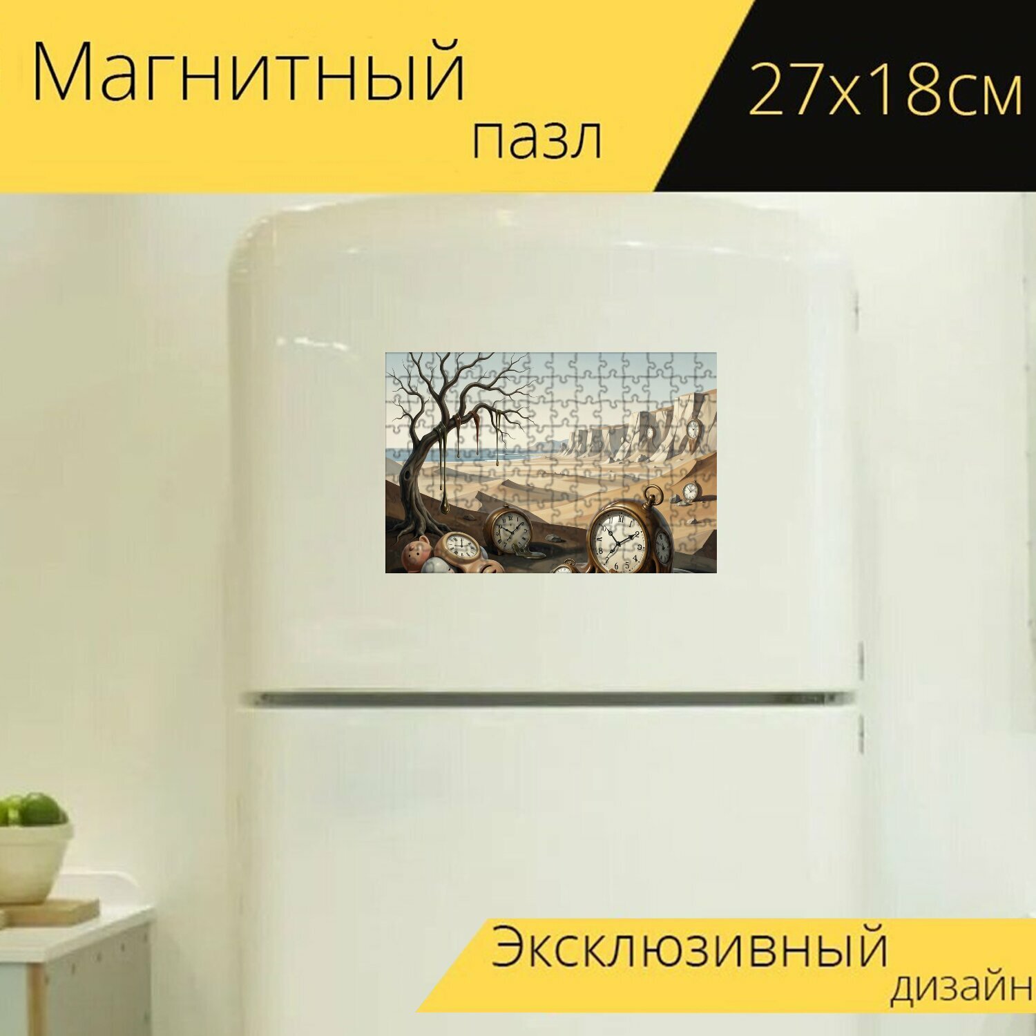 Магнитный пазл "Сюрреалистичная пустыня с часами. Фантазийный песчаный ландшафт с тающими циферблатами, сухим деревом и скалами у моря. Бежево-коричневая." на холодильник 27 x 18 см.