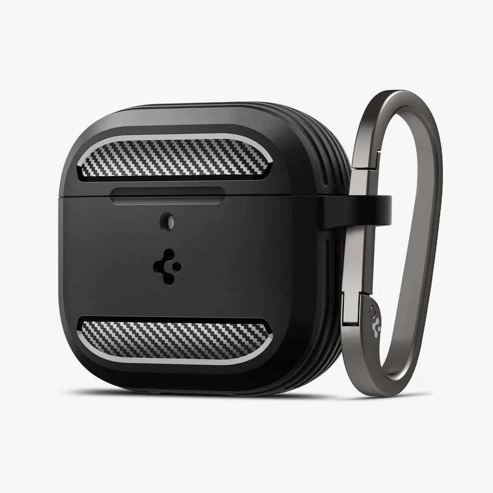 Чехол Spigen для наушников Apple AirPods 4 серии Rugged Armor, материал ТПУ, с функцией антиударной защиты, цвет черный