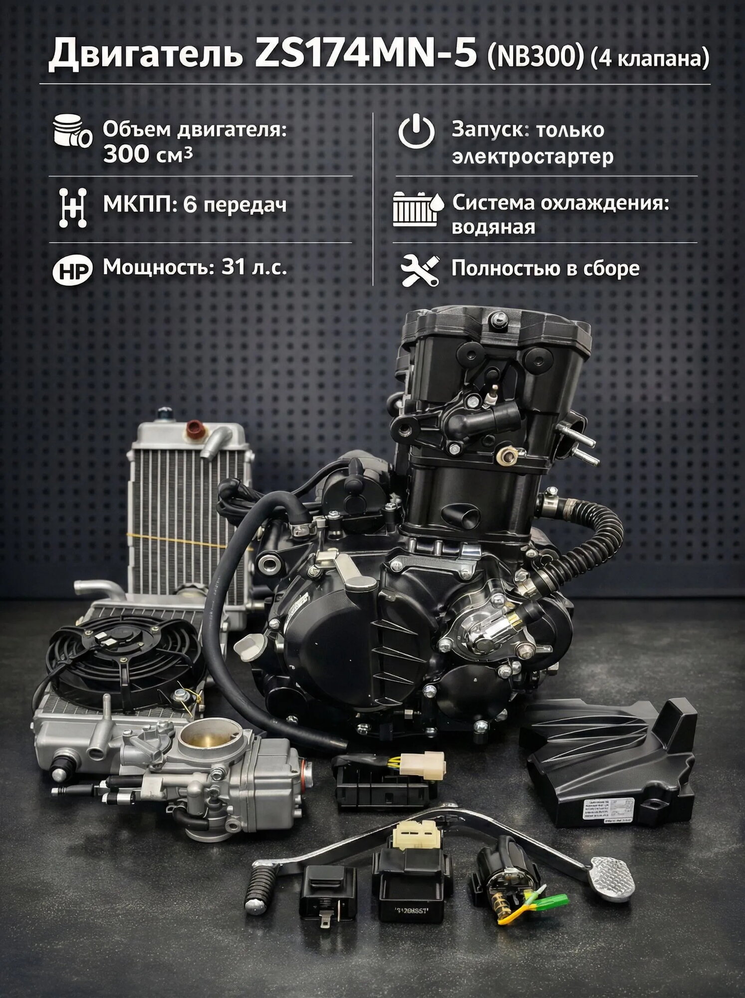 Двигатель ZS174MN-5 (NB300) для эндуро, кроссового мотоцикла (6МКПП) в сборе