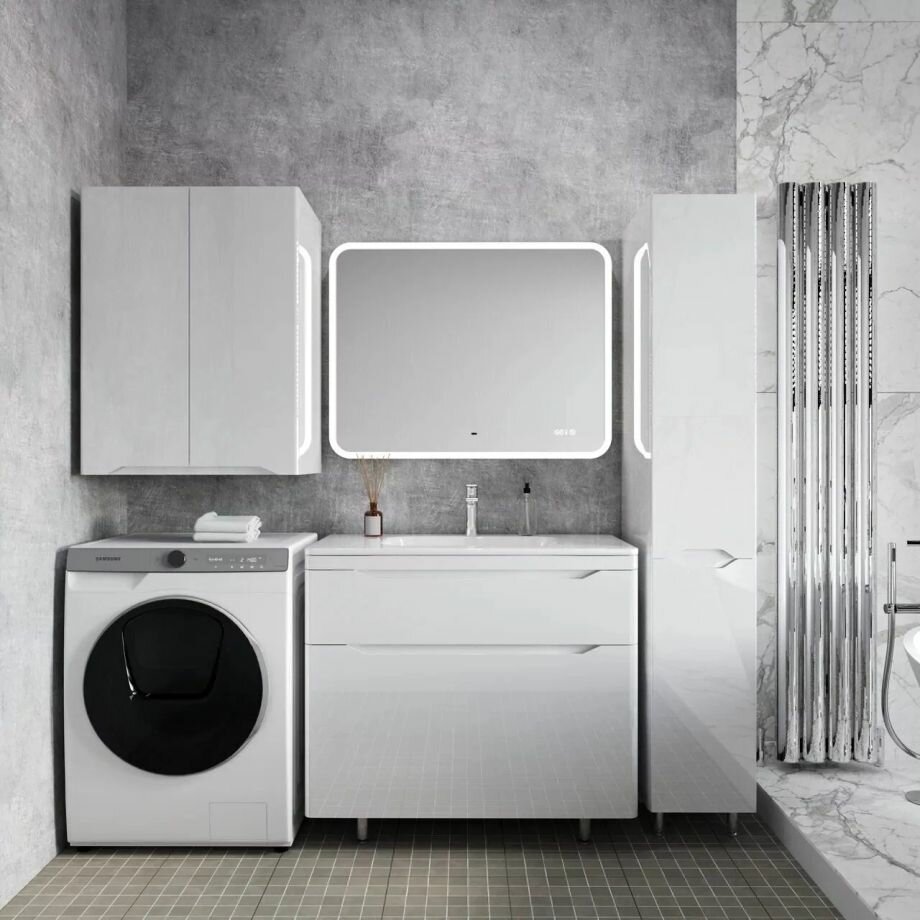 Тумба напольная Марелла 90 с раковиной Марелла Люкс 90, белый глянец