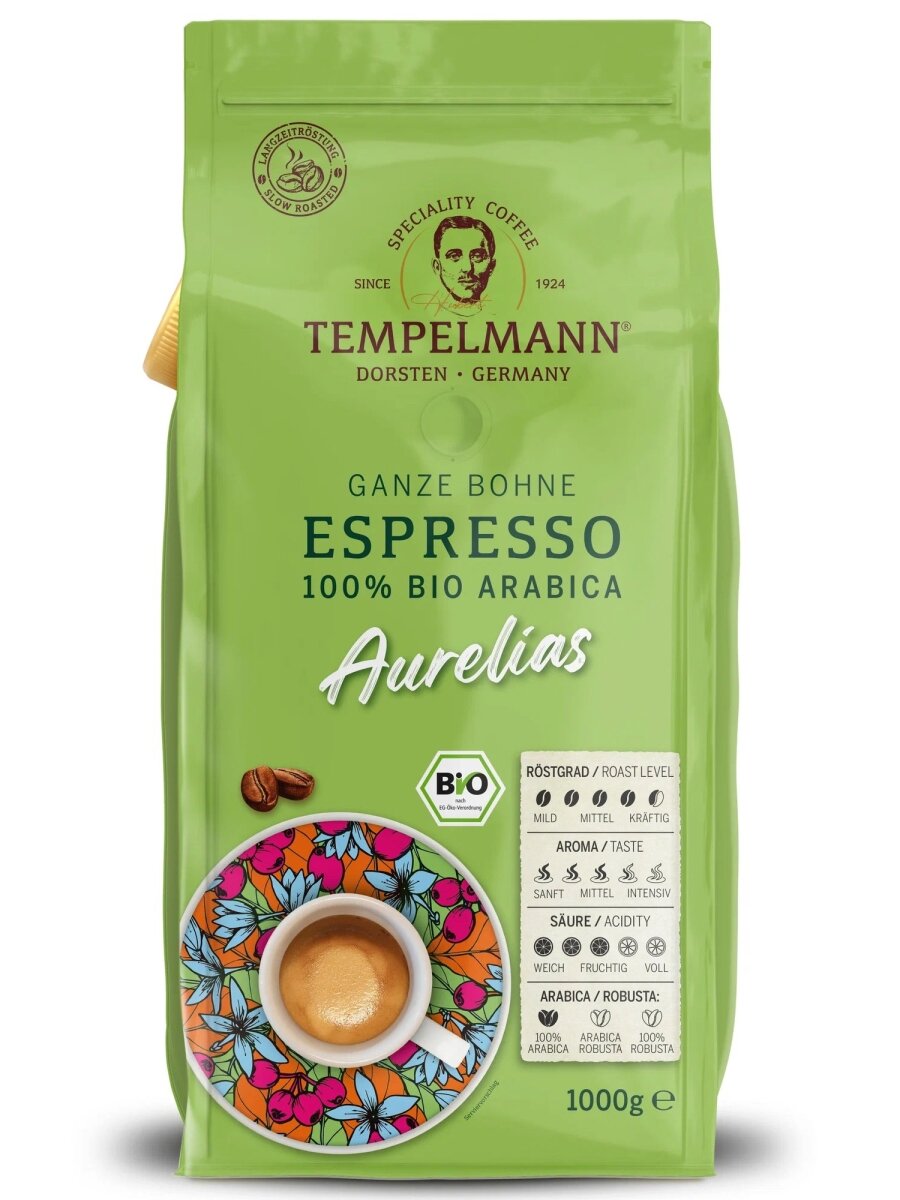 Кофе в зернах "Tempelmann Caffe Crema Aurelias" BIO, арабика, 1кг