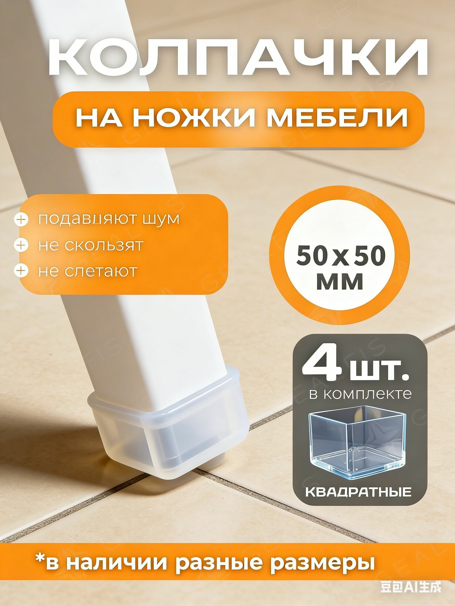 Силиконовые накладки на ножки мебели 50х50 мм квадратные прозрачные набор 4 шт — защитные колпачки для стульев