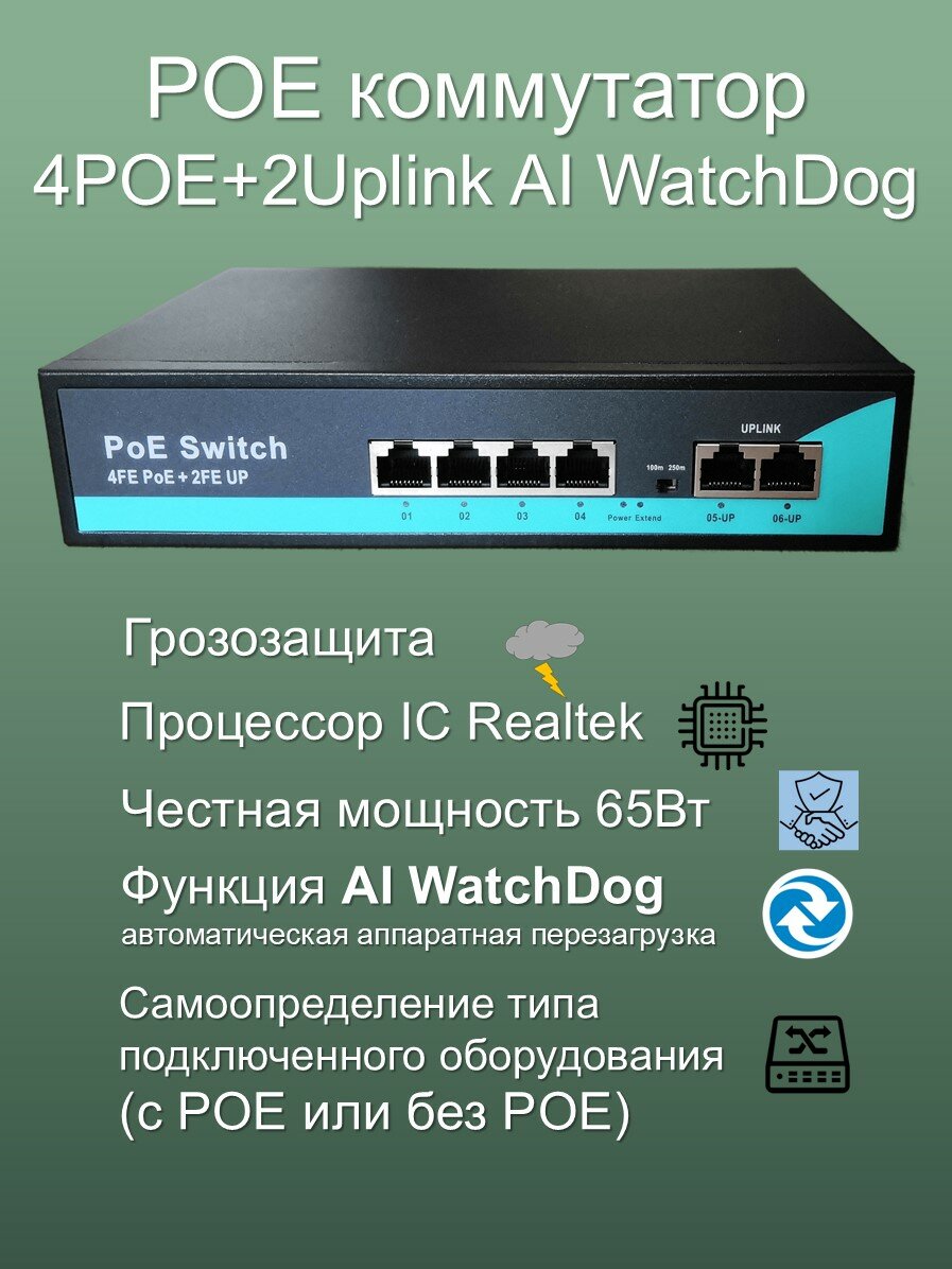 Коммутатор YDA POE 4POE+2Uplink,100 Мбит/с, WatchDog+VLAN, 250 метров,65 Ватт, процессор IC REALTEK