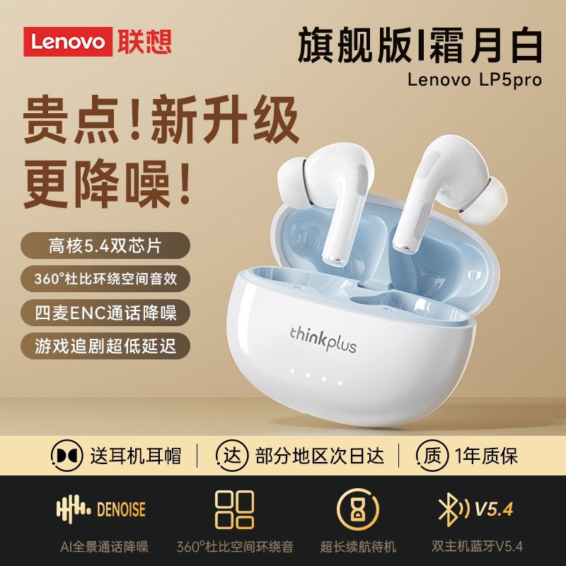 Наушники беспроводные Lenovo LP5 Bluetooth 5.4 с декодированием AAC и стереозвуком 3D в цвете Лунный белый