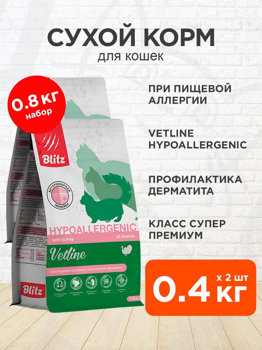 Сухой корм Blitz Hypoallergenic для кошек при пищевой аллергии, непереносимости и атопическом дерматите, 0,4 кг х 2 шт
