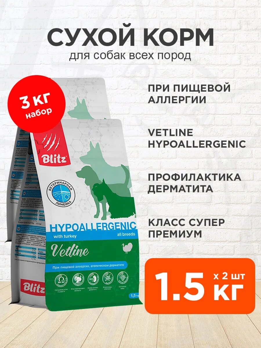 Корм сухой Blitz Hypoallergenic для собак при пищевой аллергии, непереносимости и атопическом дерматите, 1,5 кг х 2 шт