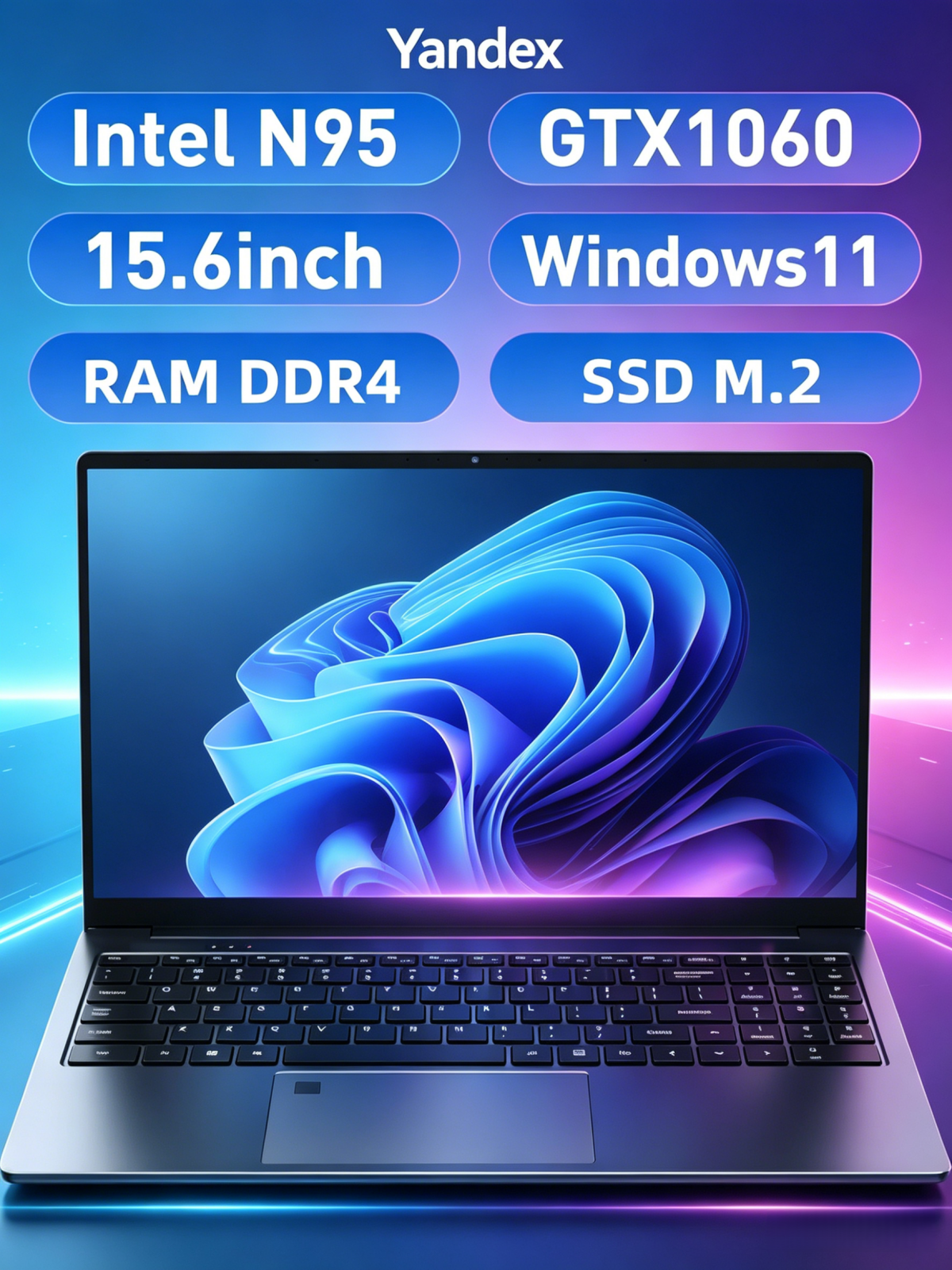 Ноутбук для работы, учёбы и игр 15,6" IPS, видеокарта GTX1060，Intel N95 до 3,4GHz, Подсветка клавиатуры，Windows11