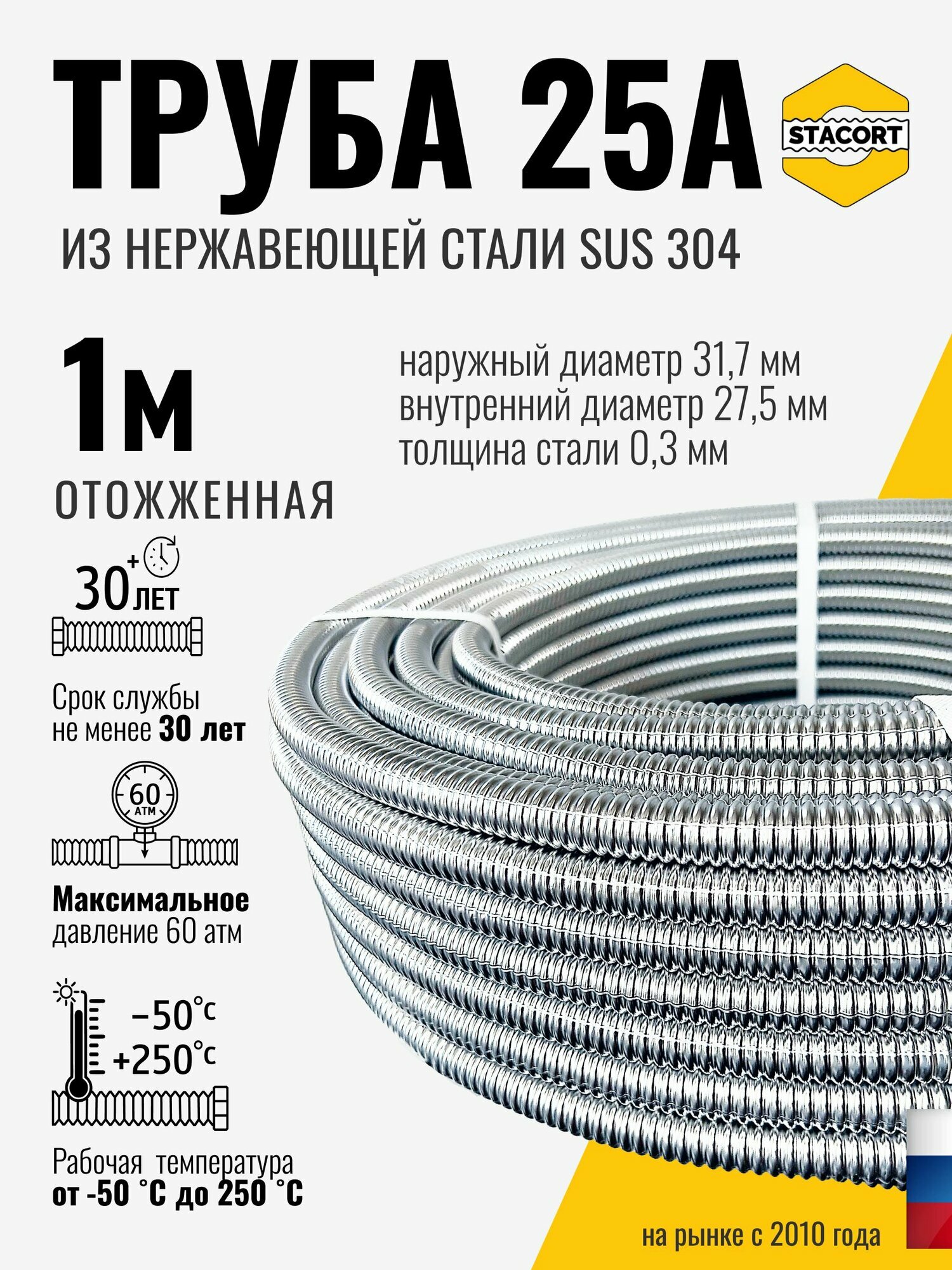 1 м. 25А Гофра для кабеля из нержавеющей стали, отожженная, STACORT