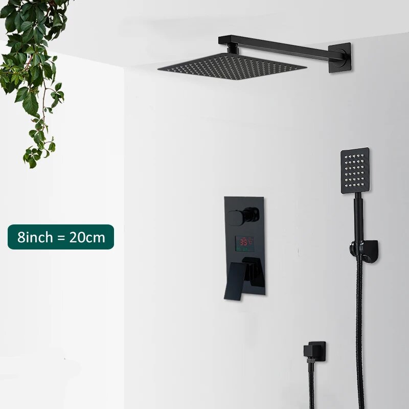 Матово-черный душевой смеситель с светодиодным цифровым дисплеем, набор дождевого водопада, черная ванна, душовая система, LCD-цифровой душевой смеситель, кран - 2хходовой, 8 дюймов