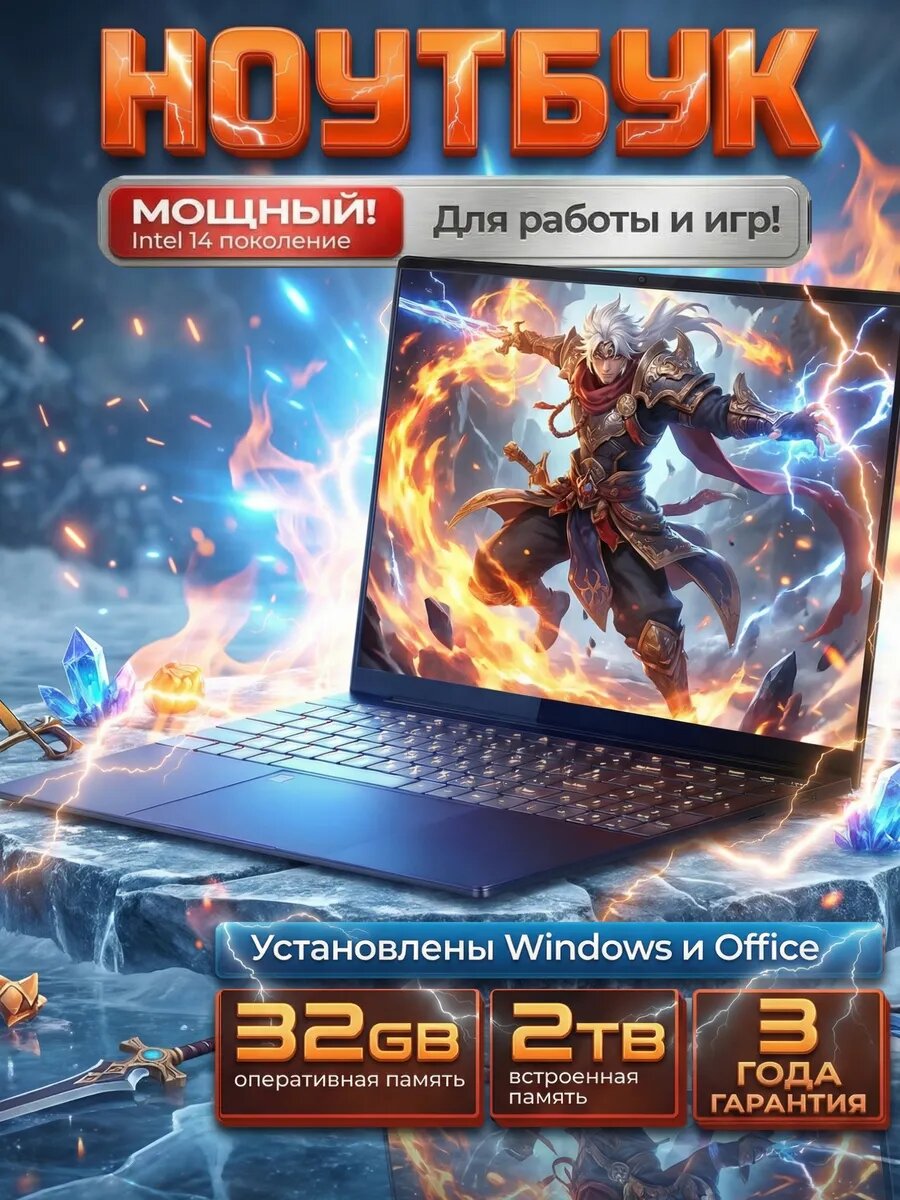 Ноутбук игровой 2026 Intel H-series, RAM 32GB, SSD 2048GB, IPS + Windows, Office