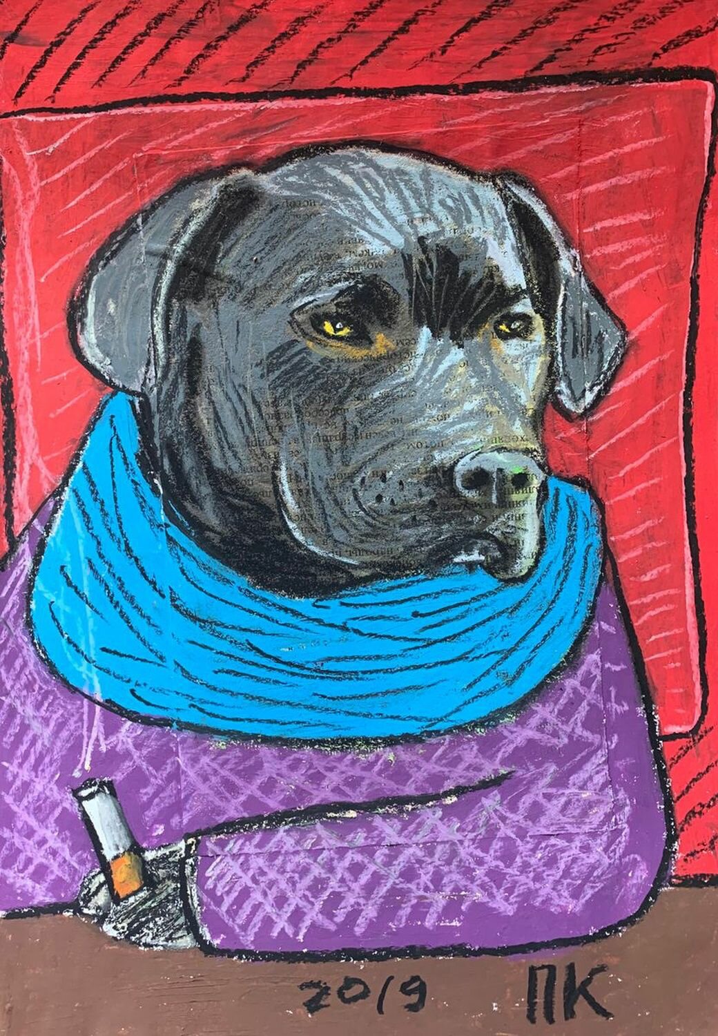 Авторский рисунок масляной пастелью и акрилом на бумаге Курящая собака 50/ Smoking dog #50 (2019). Единственный экземпляр. Художник Павел Курагин. Формат А4. 21х29,7 см