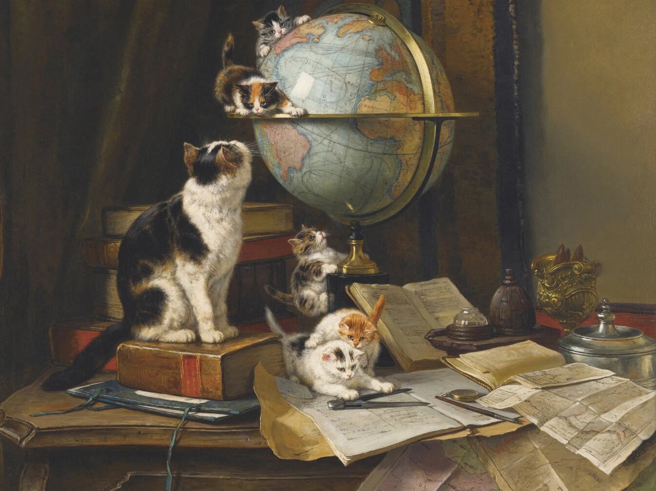 Картина с котятами и глобусом, 40x50см, цвет 28