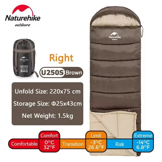 Naturehike зимний спальный мешок U250S Brown-right