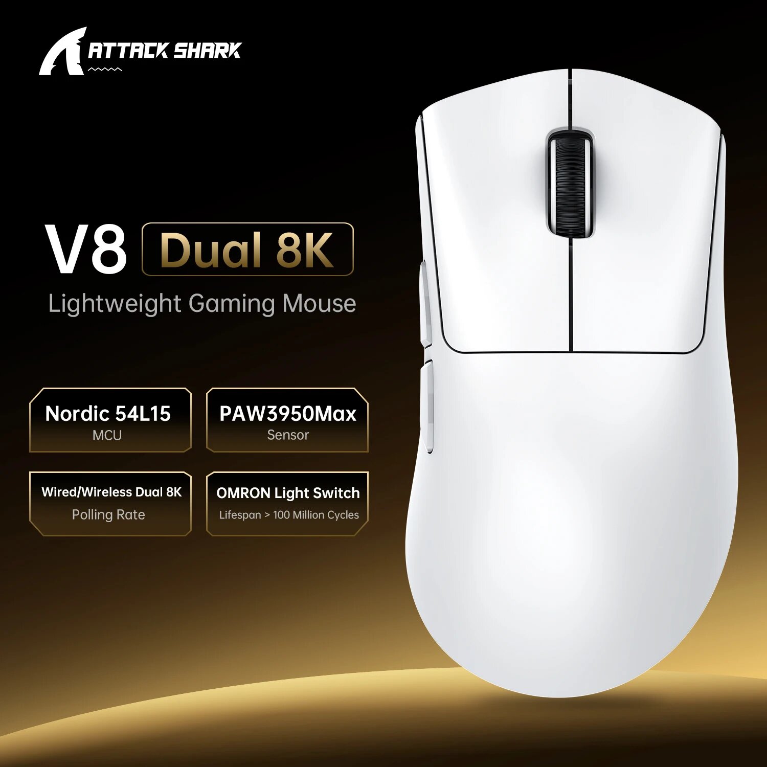 Беспроводная игровая мышь Attack Shark V8 42К DPI V8 White-Dual 8K