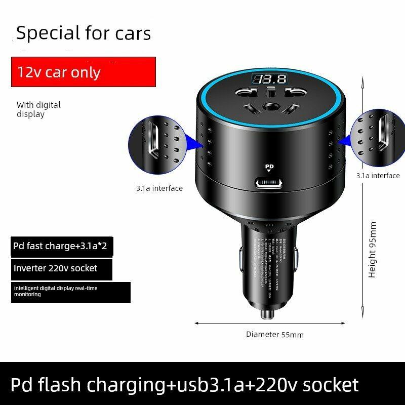 Автомобильный инвертор 12В с быстрой зарядкой PD, дисплеем, портом USB 3.1A и розеткой 220В, два порта USB