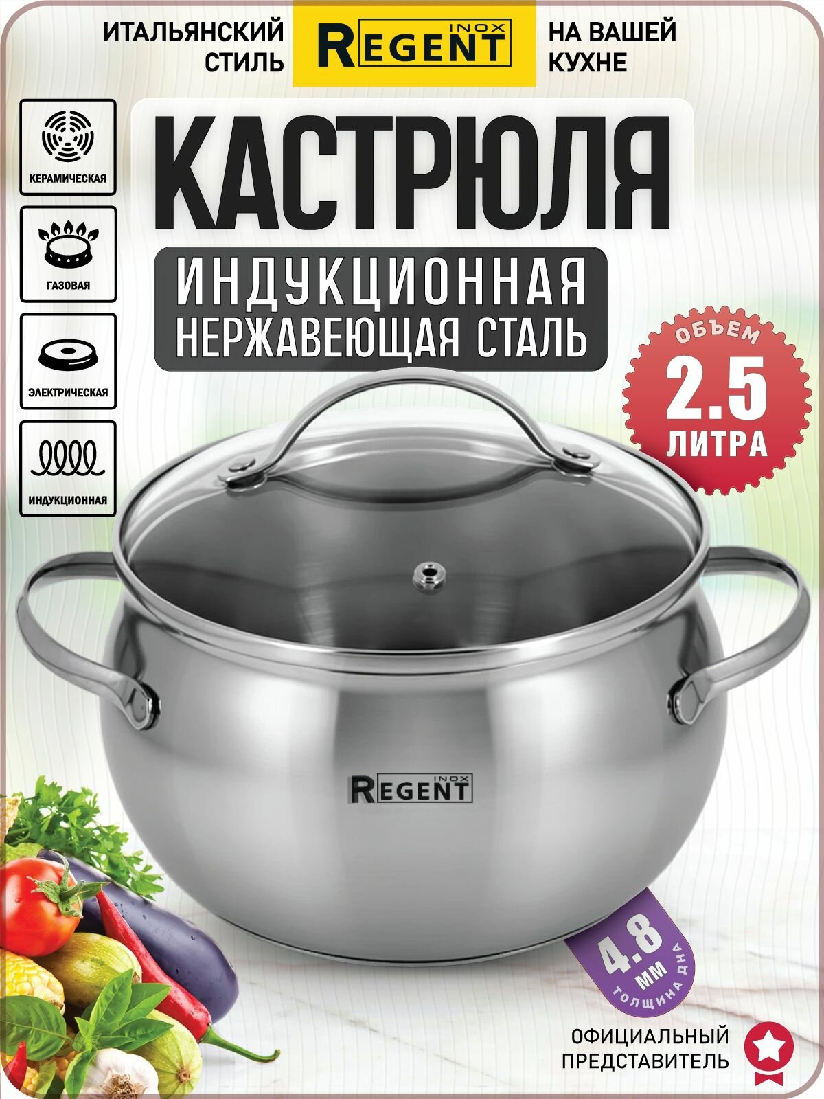 Кастрюля из нержавеющей стали со стеклянной крышкой 2.5 л / Кастрюля для индукционной плиты 18х11 см