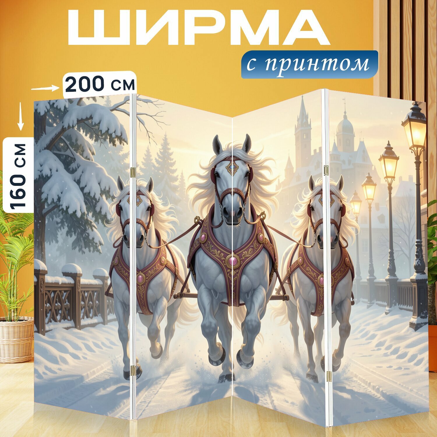 Ширма "Три белых коня зимой. Сказочная зимняя сцена с тремя белоснежными лошадями в богато украшенной упряжи." перегородка для зонирования комнаты с принтом 200x160 см. на холсте