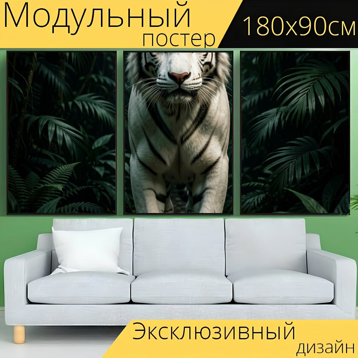 Модульный постер "Белый тигр в джунглях. Реалистичный крупный хищник среди густой тропической растительности, темно-зеленые листья." 180 x 90 см. для интерьера на стену в тубусе