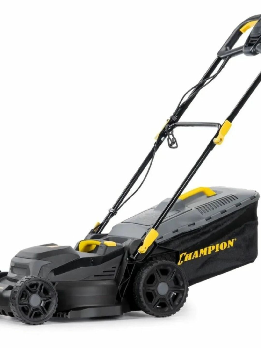 Газонокосилка Champion EM4018, черно-серая, электрическая, 4 уровня высоты скашивания