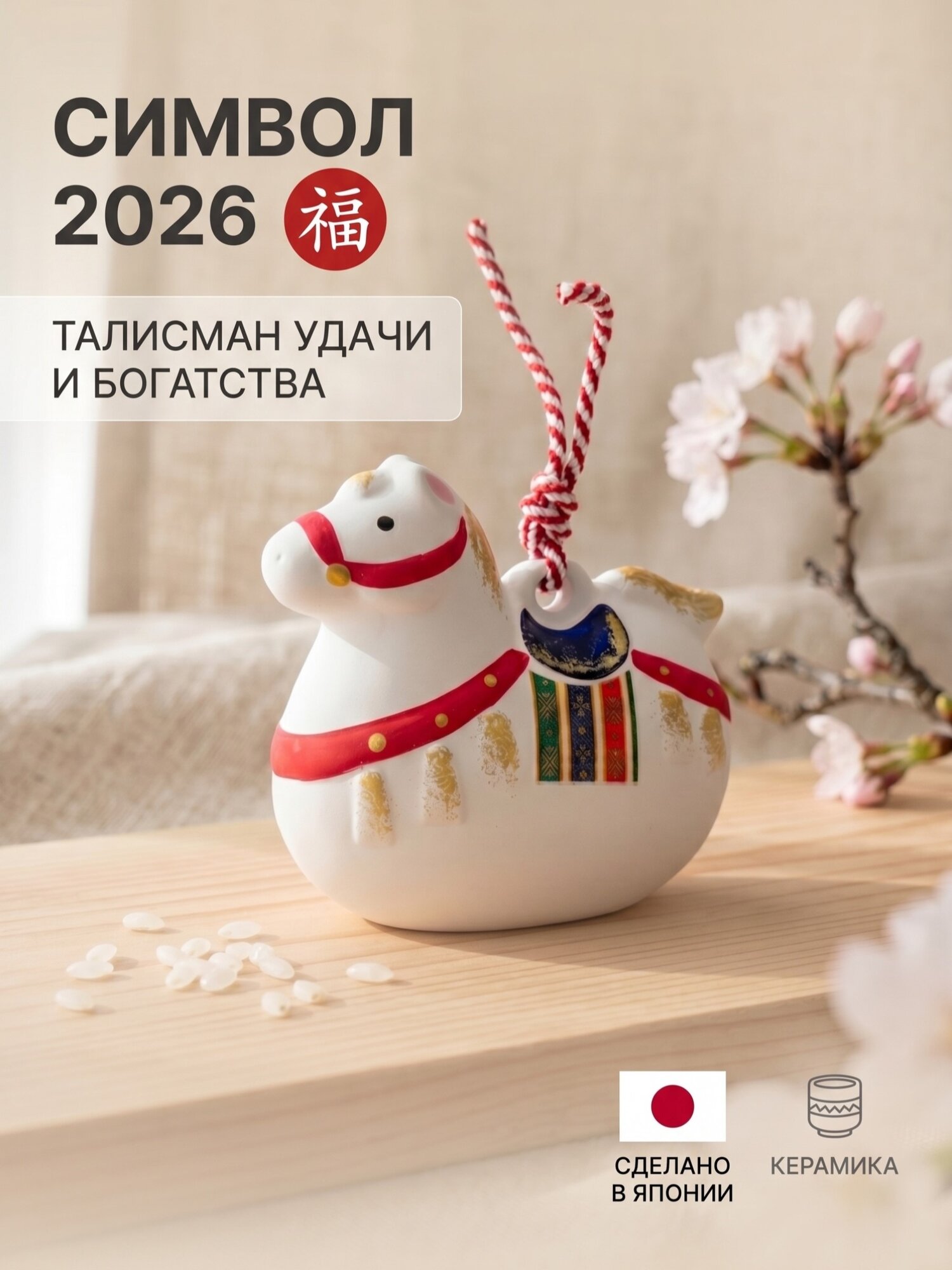 Фигурка-колокольчик Hatamoto "Лошадь", керамика, белая и красная, 8 см