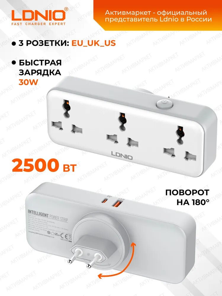 LDNIO SC3317 разветвитель сетевой фильтр с USB, тройник с заземлением и выключателем