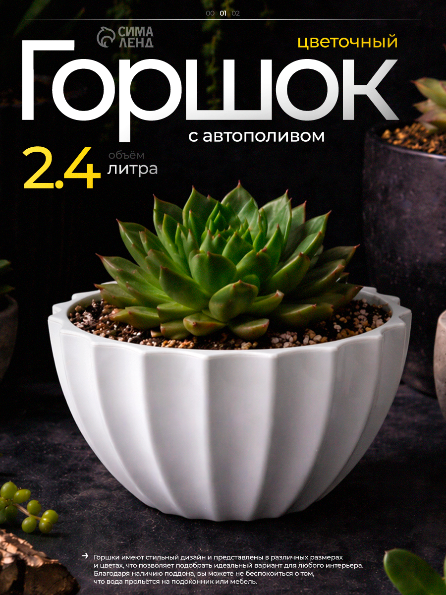 Кашпо для цветов с автополивом «Ракушка», 2,4 л, d=22 см, h=10, 5 см, белое