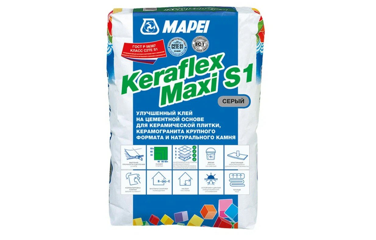 Клей для плитки/ керамогранита/ камня Mapei Keraflex Maxi S1 эластичный серый класс C2 TE S1 25 кг