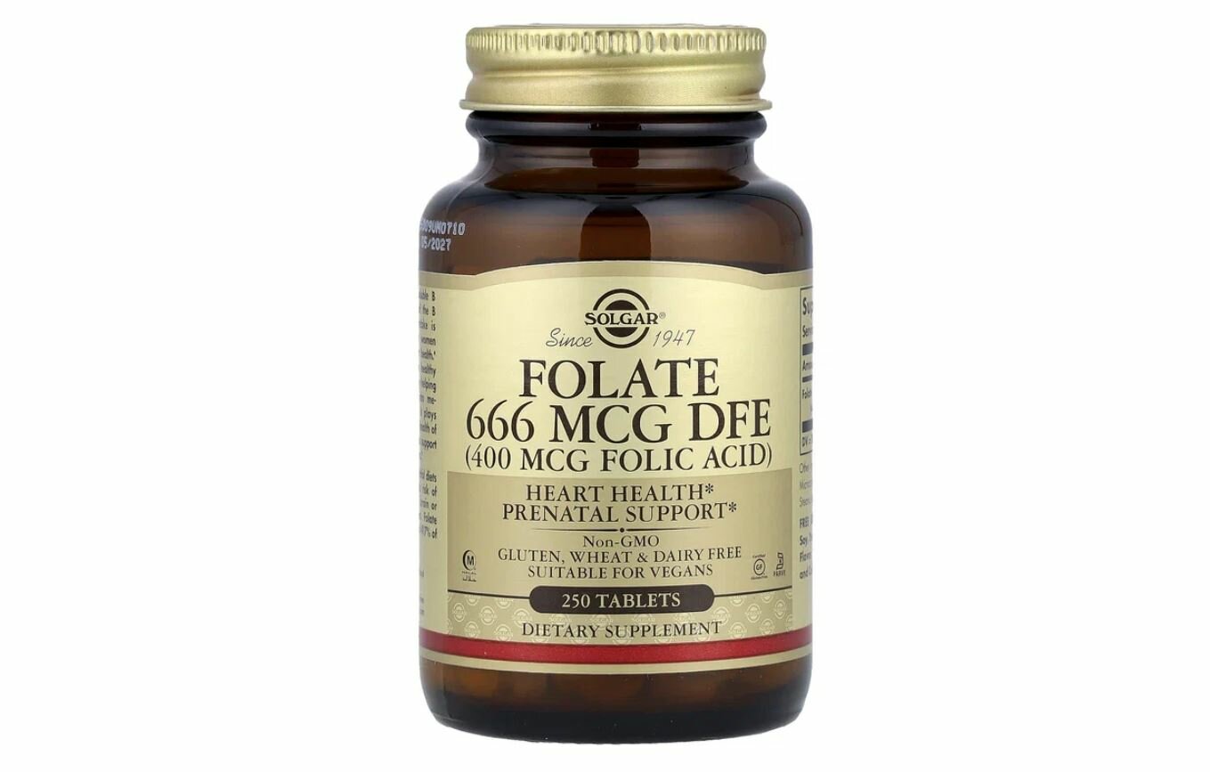 Фолиевая кислота B9 Solgar Folate 666 мкг DFE (Folic acide 400 мкг), 250 таблетки