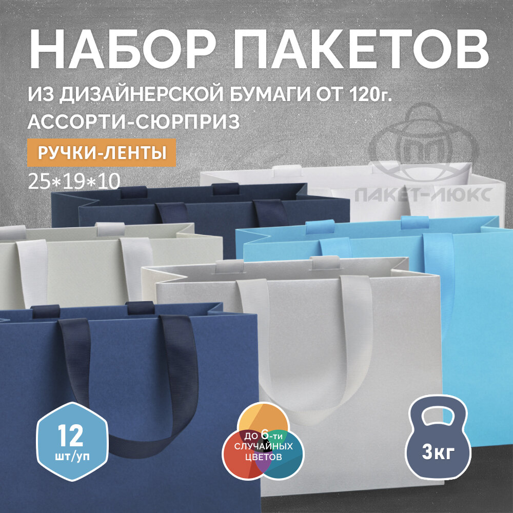 Пакет бумажный подарочный, упаковка 12 шт, размер 25*19*10 см, комплект "Сюрприз" холодный, из дизайнерской бумаги