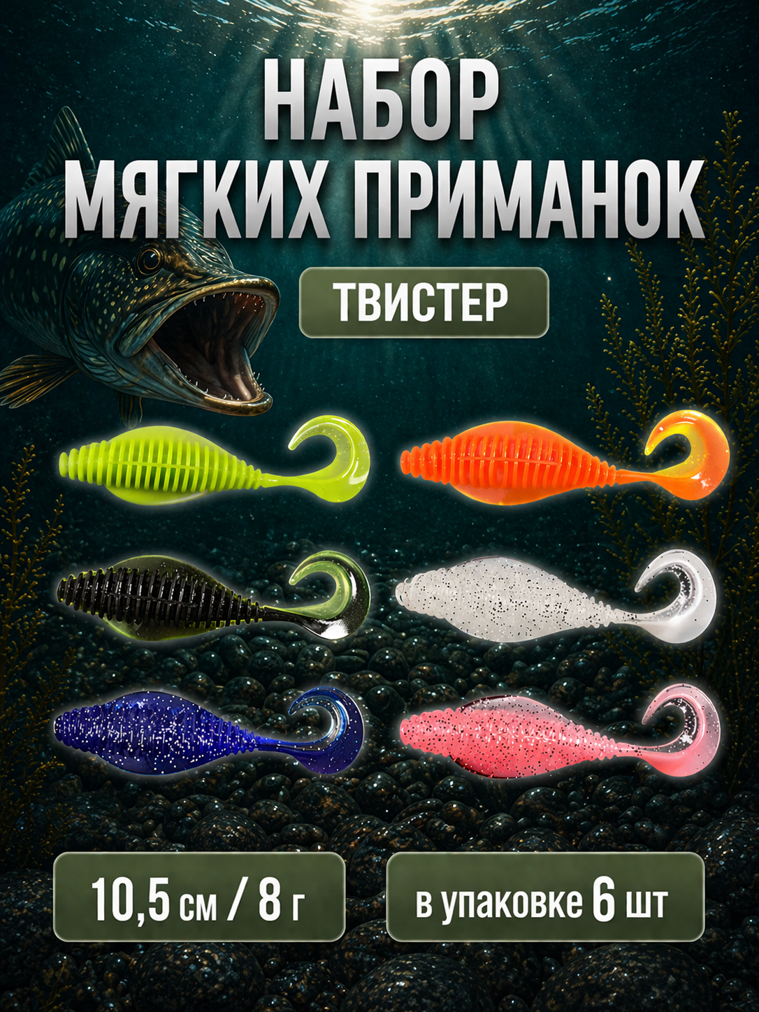 Набор рыболовных мягких приманок твистер "Screw Worm", имитация куколки с закрученным хвостом для ловли окуня, мандариновой рыбы, змееголовки 10,5 см/8 г, 6 шт, разноцветные