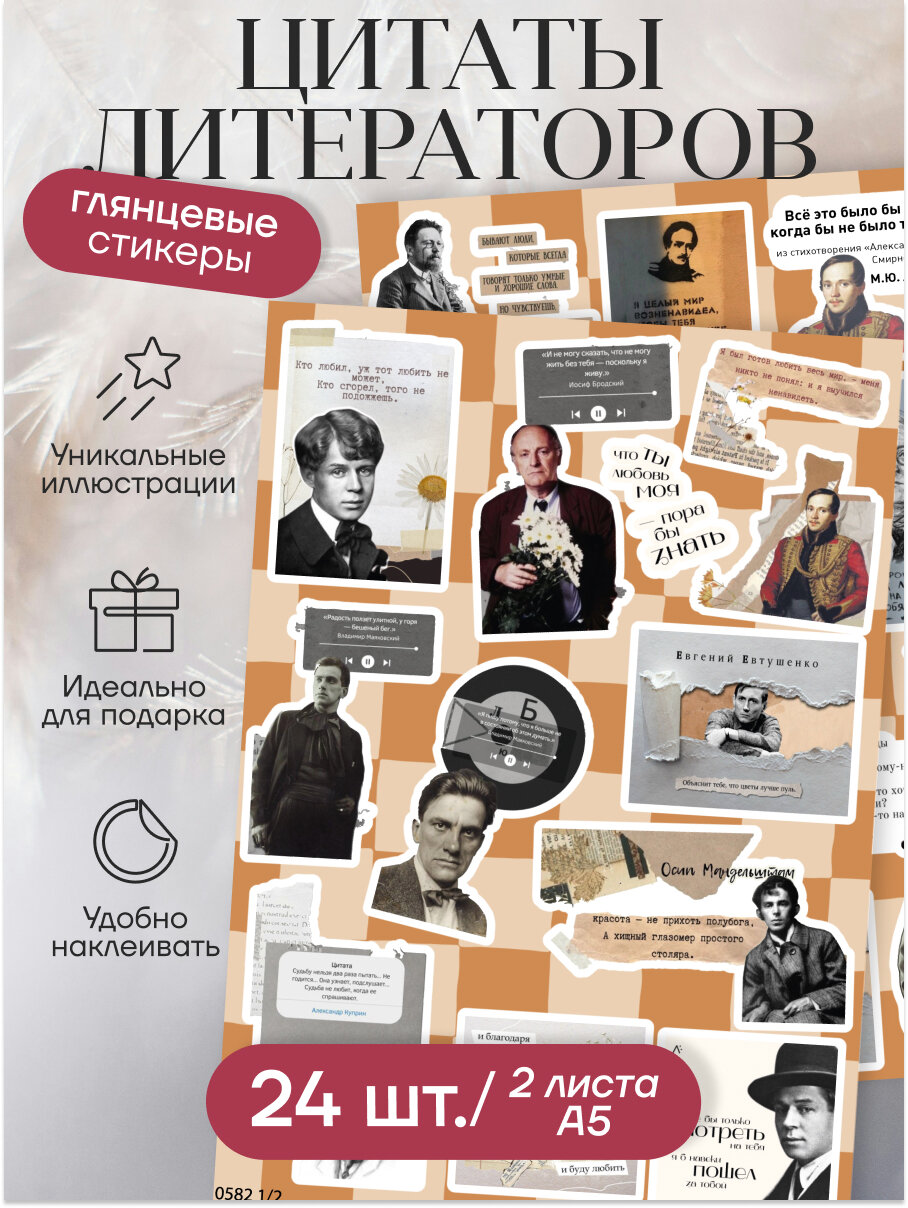 Наклейки Stick to Stick "Цитаты литераторов", виниловые, многоразовые, 2 листа, 24 наклейки