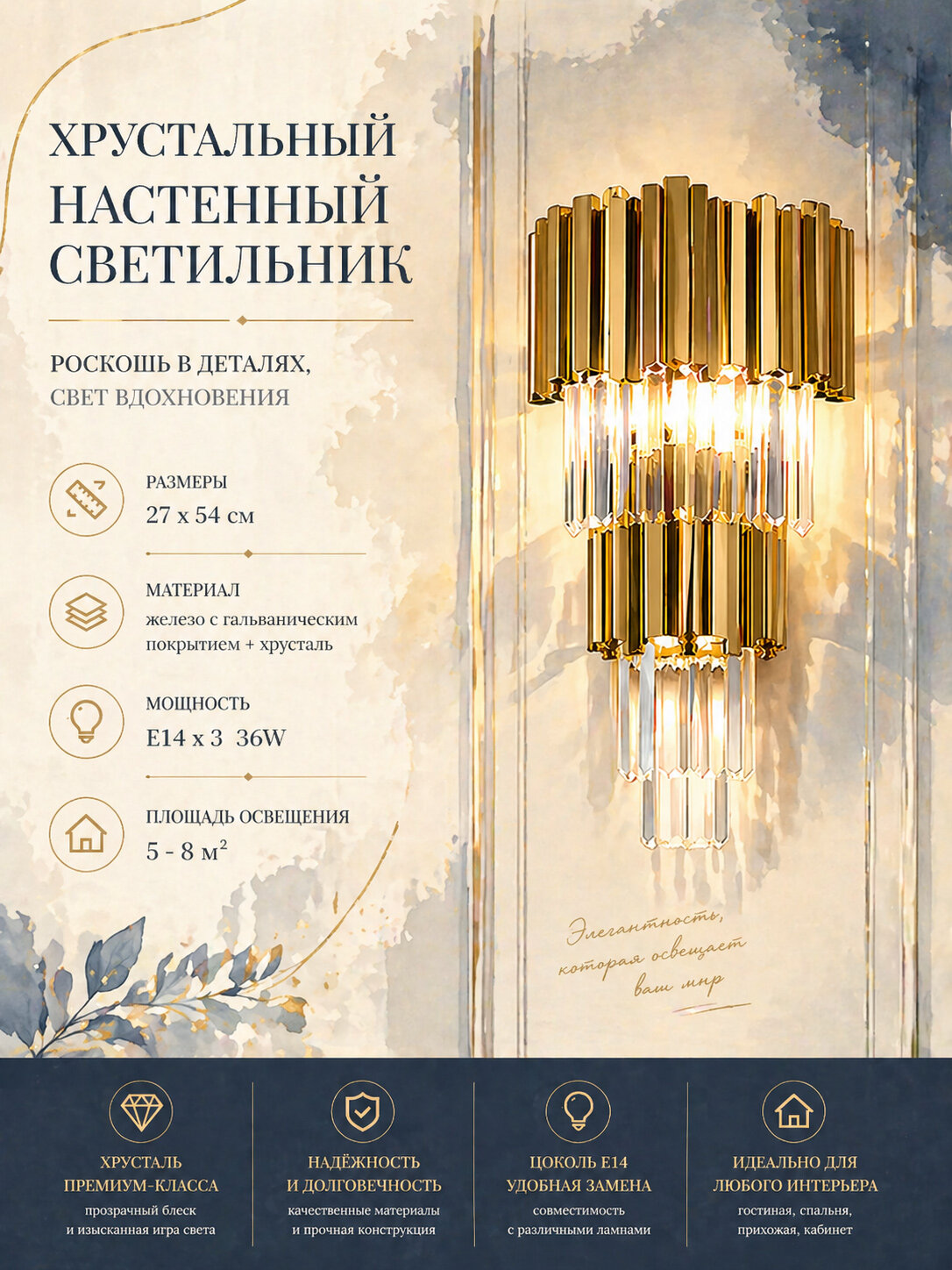 Хрустальный бра | E14 x3, 27x54 см | Золотой | Трехцветное освещение | Подходит для гостиной и спальни