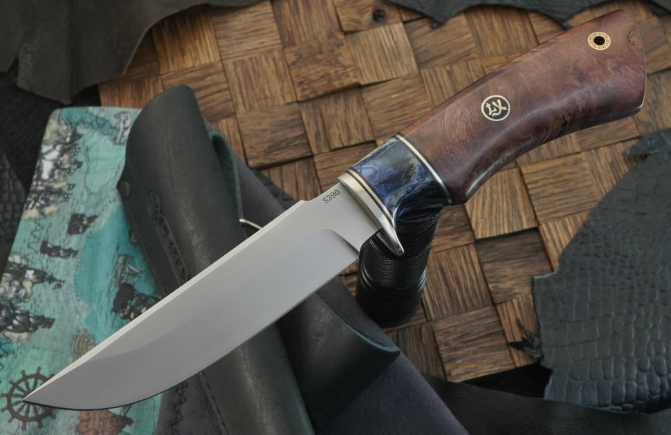 Lemax нож Турист-2, сталь S390, рукоять стабилизированный кап клёна, зуб мамонта, нейзильбер