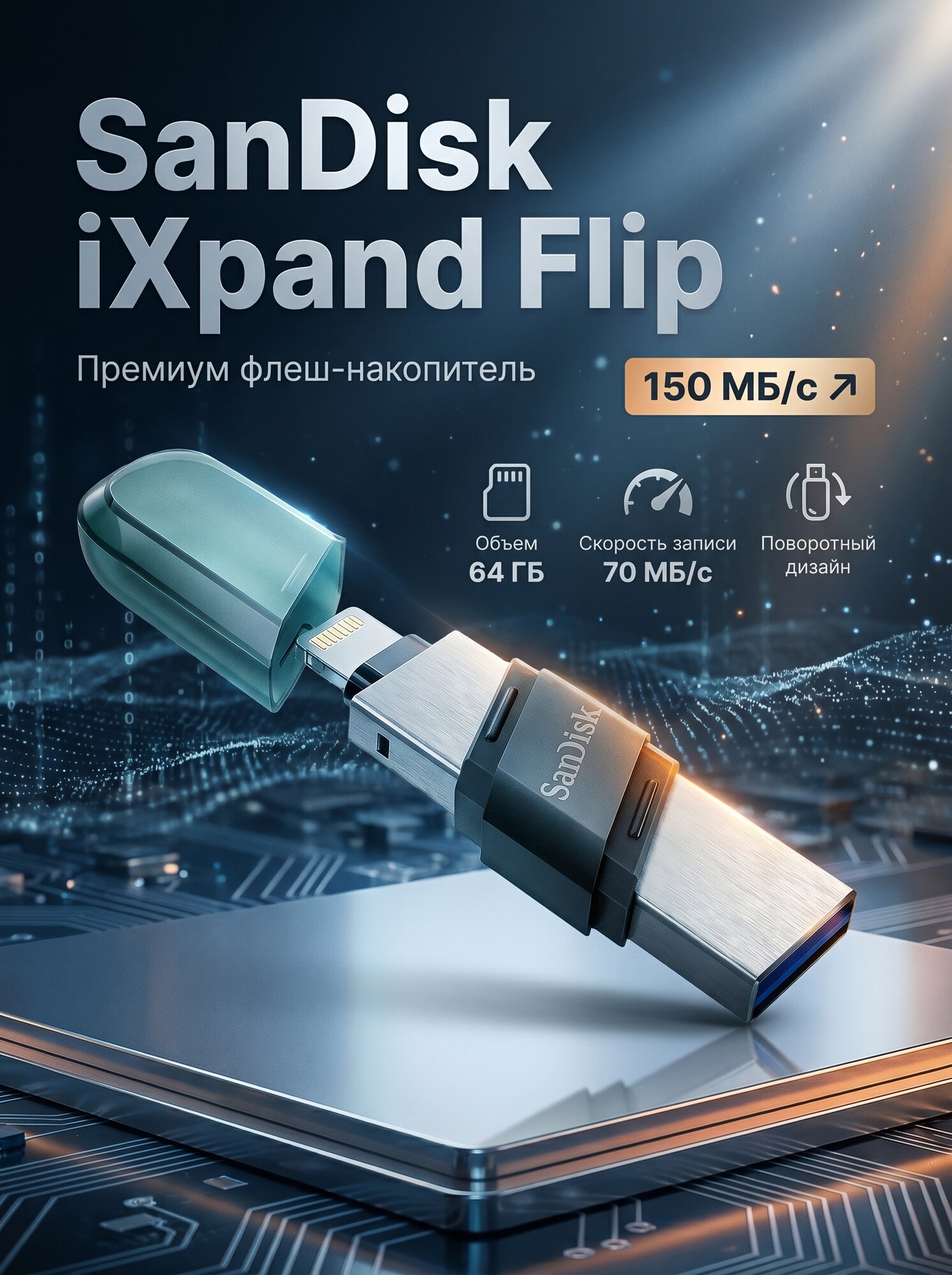 Флешка SanDisk iXpand Flip, 64 Гб, Флеш-диск с защитным колпачком и сжатием данных
