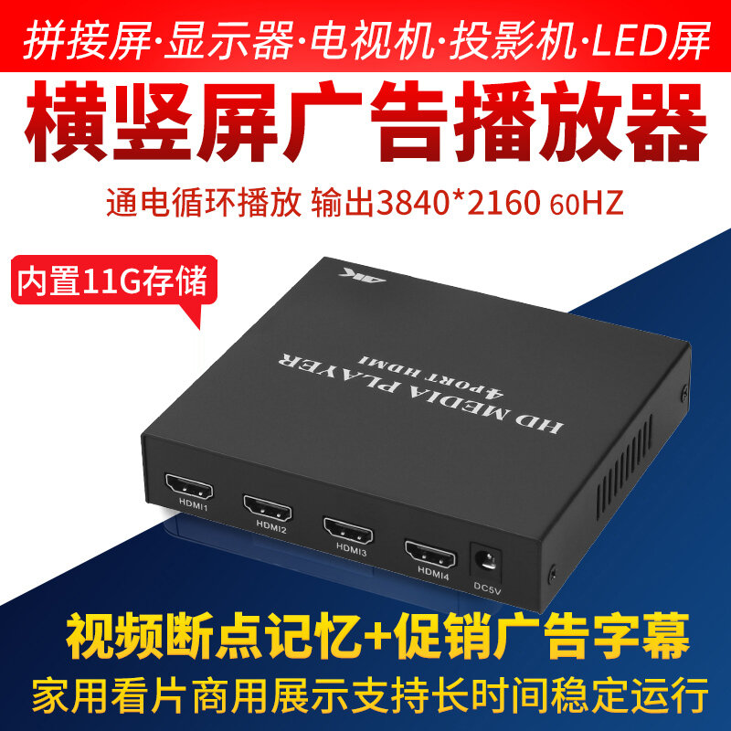 Медиаплеер HDMI 4K для демонстрации видео, четырехканальный, для рекламы, с возможностью одновременного воспроизведения