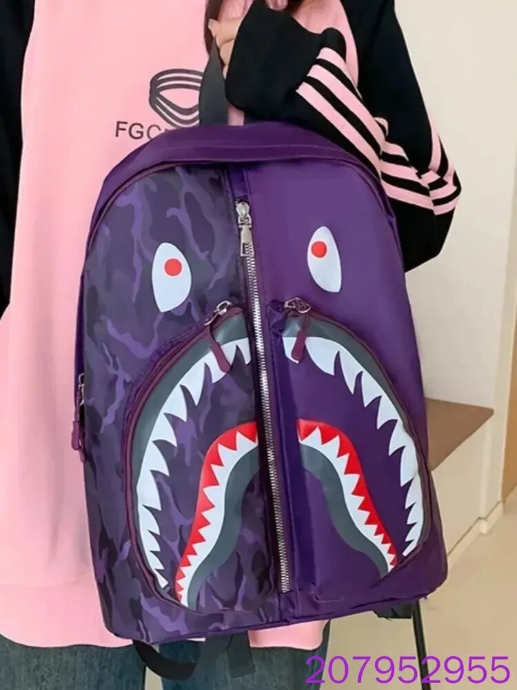 Рюкзак bape ape shark акула бейп просто крутой рюкзак школьный фиолетовый для девочек и мальчиков вместительный — фото 1