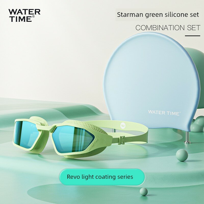 WaterTime Детские плавательные очки и водонепроницаемая силиконовая шапочка, для детей 4-15 лет, зеленый