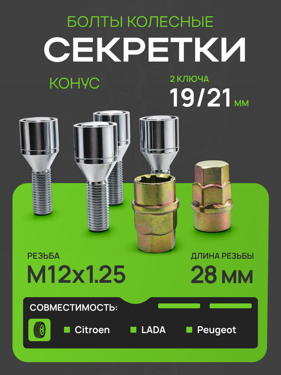 Болты секретки колесные М12х1,25x28мм