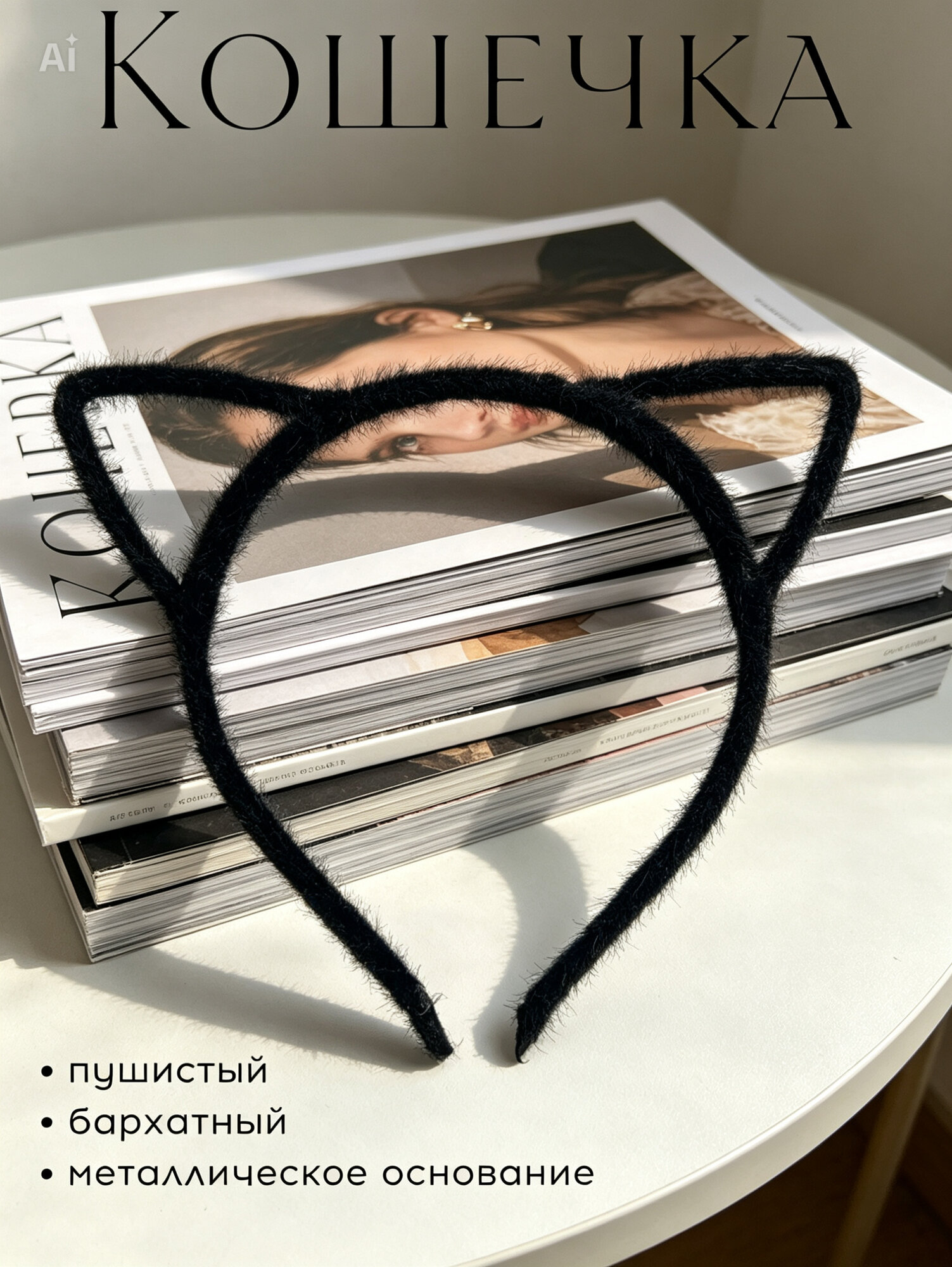 Бархатный ободок на металлической основе с ушками кошки 1 штука