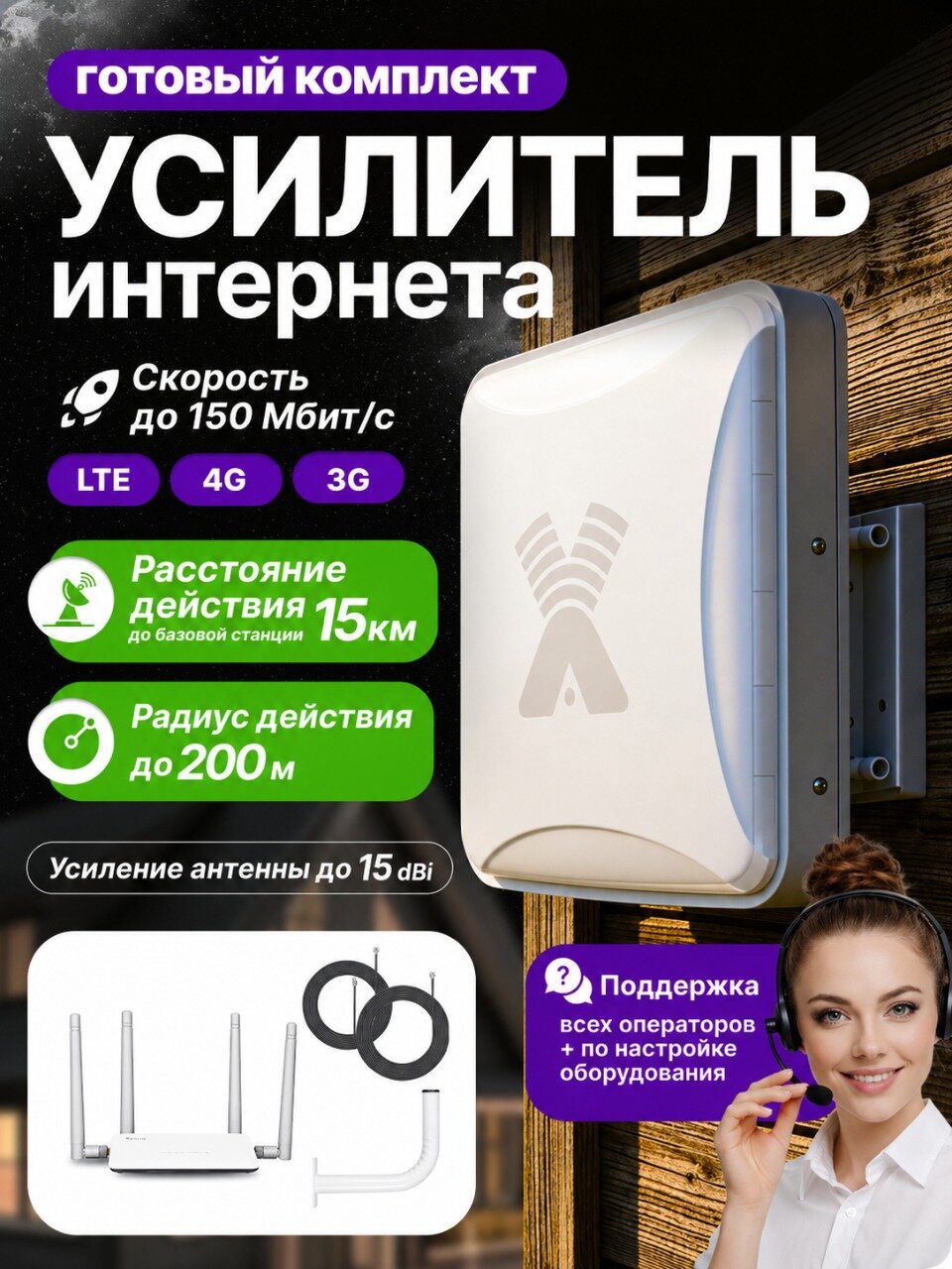 Усилитель интернета 3G/4G, интернет на дачу готовый комплект, роутер с сим картой, антенна Antex Petra Broad Band