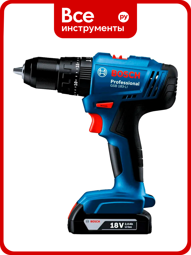 Аккумуляторный ударный шуруповерт Bosch GSB 183-LI 06019K9180, 2 см, резиновая