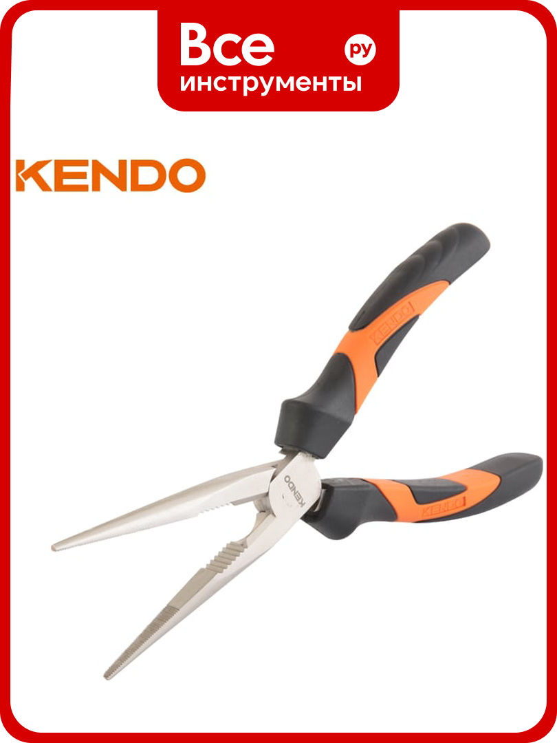 Прямые длинногубцы KENDO 10301 для бытовых работ, тонкогубцы из углеродистой стали с оранжево‑черными рукоятками
